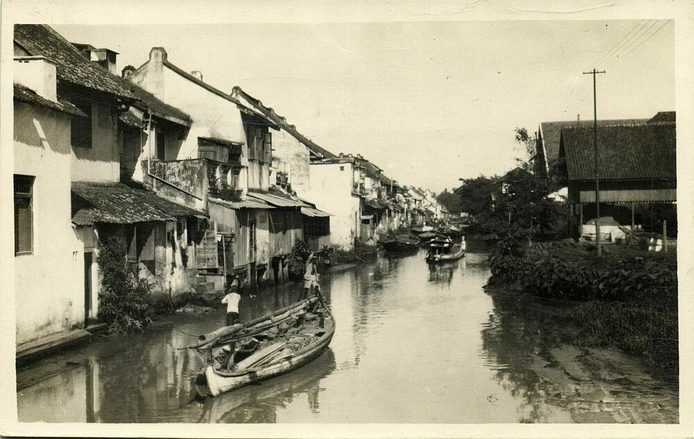 indonesia, JAVA BATAVIA, Water Scene with Boats and Houses (1920s) RPPC ...