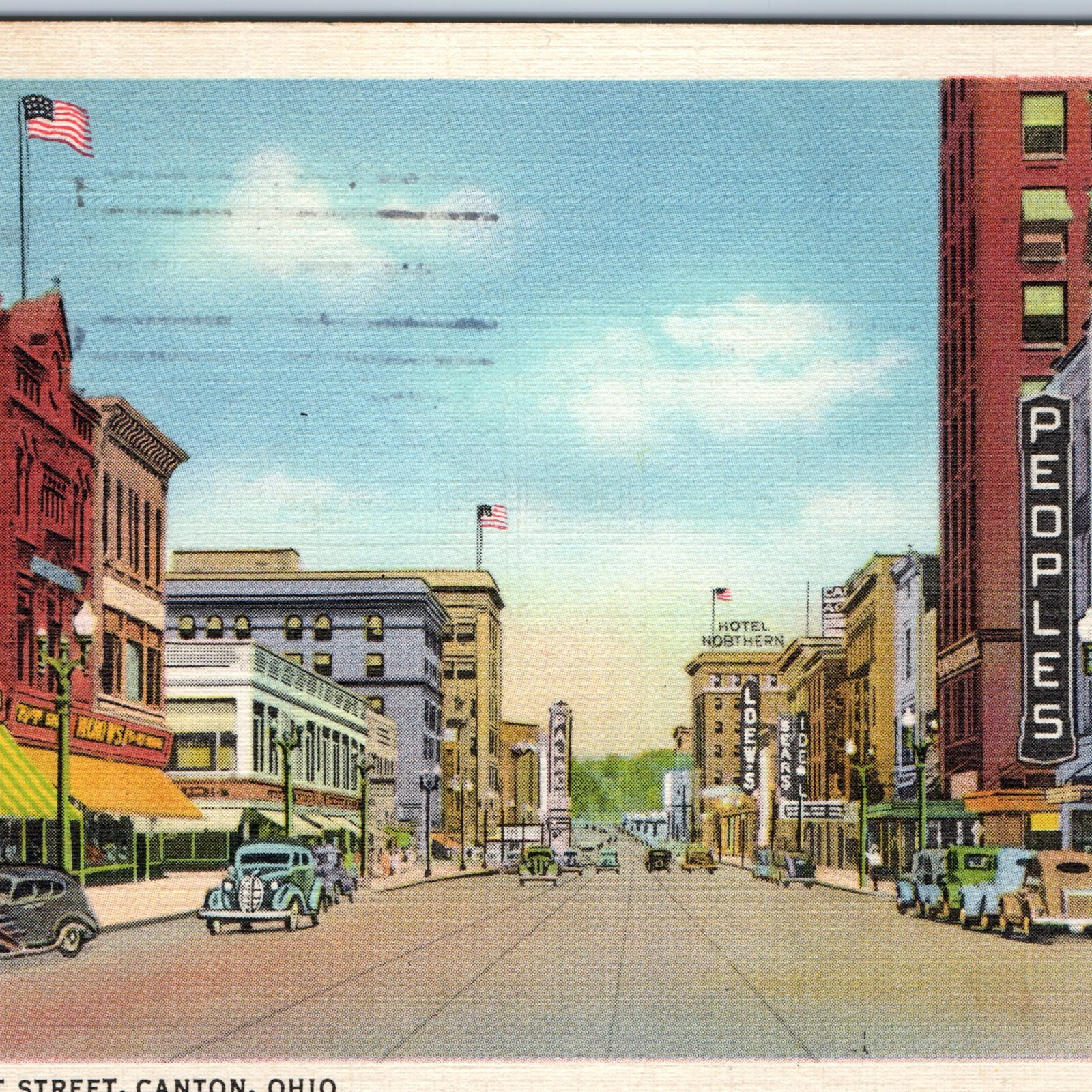 1935 Canton OH Downtown Roadside North Market Street Store Sign Linen ...