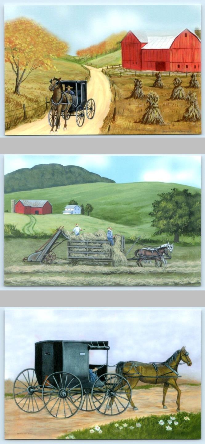 3 Postcards MAHLON TROYER Artist Signed AMISH SCENES Buggies & Harvest ...