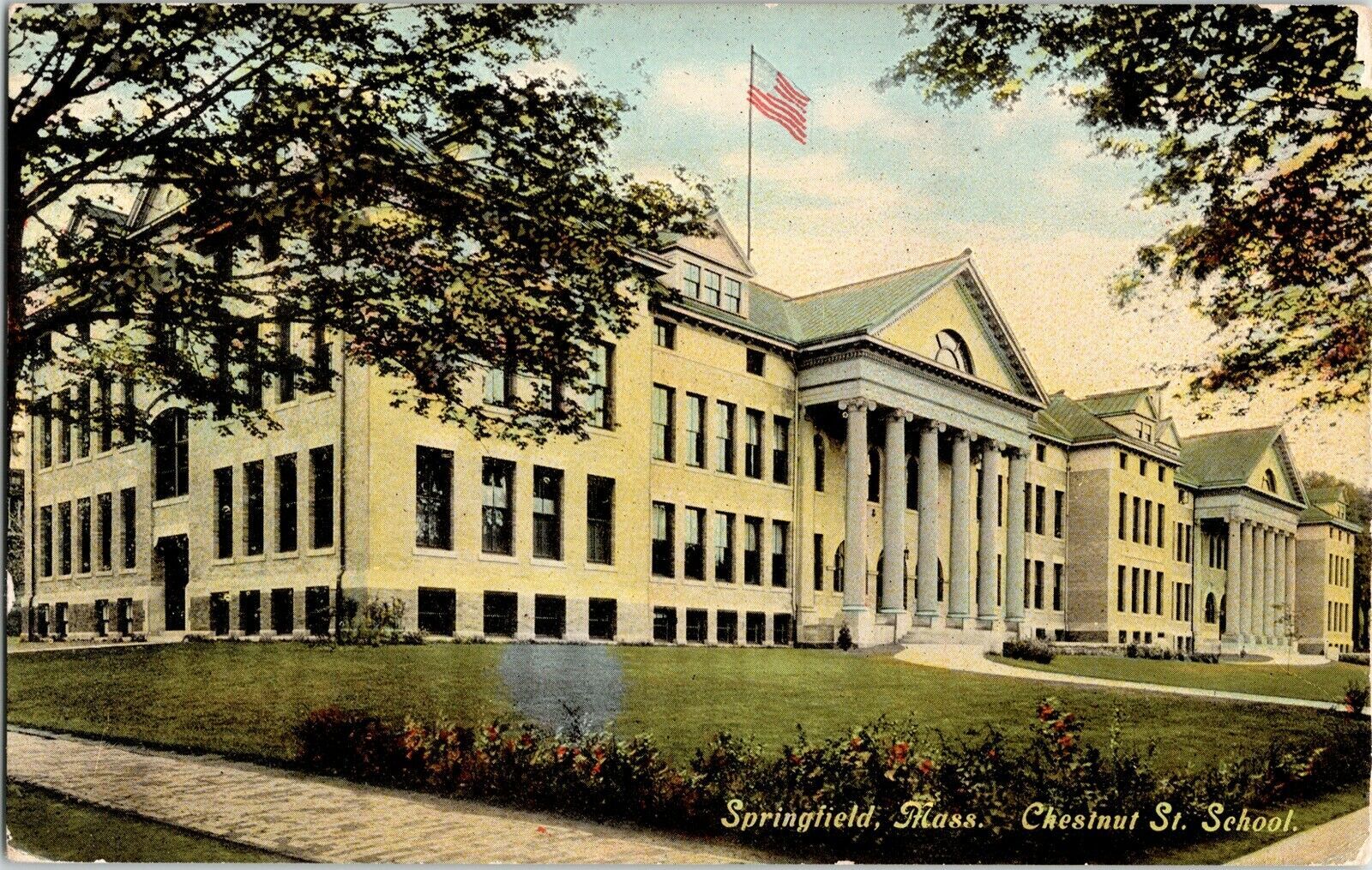 Springfield Mass Chestnut St. School Flag Antique Divided Back Postcard ...