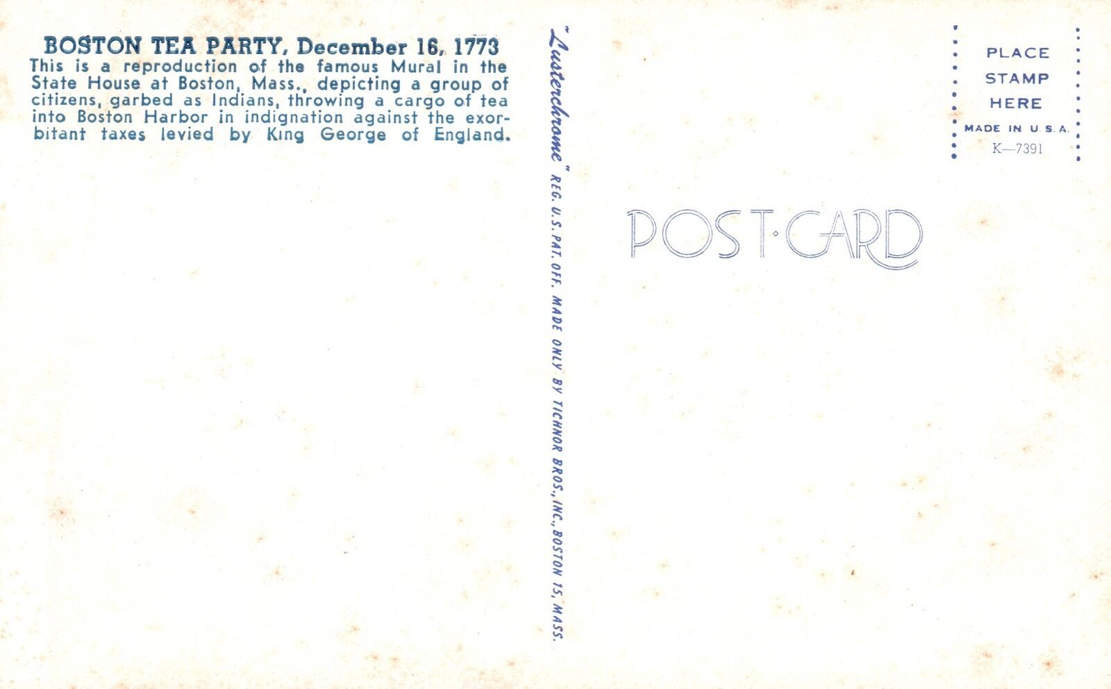 Vintage Postcard Boston Tea Party December 16 1773 Reproduction Of ...