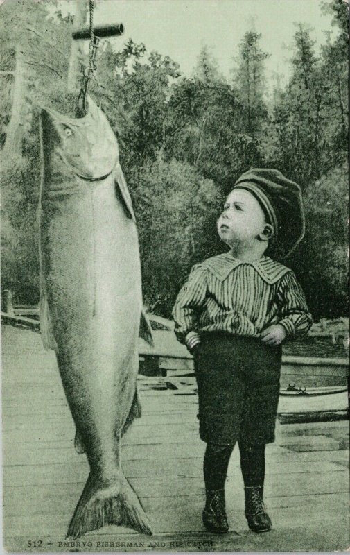 Little Boy & Fish 'Embryo Fisherman and His Catch' Salmon Unused ...