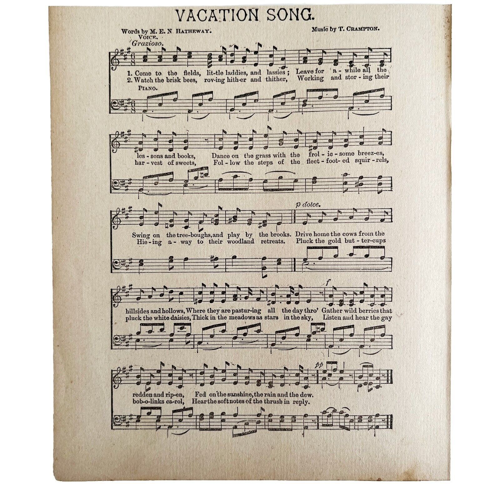 Vacation Song Sheet Music 1892 Victorian Voice And Piano Ephemera ...