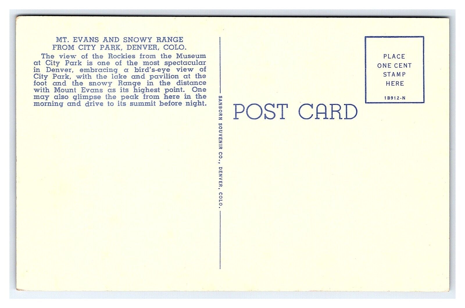 City Park From Museum Denver Colorado Mount Evans Snowy Range Postcard ...