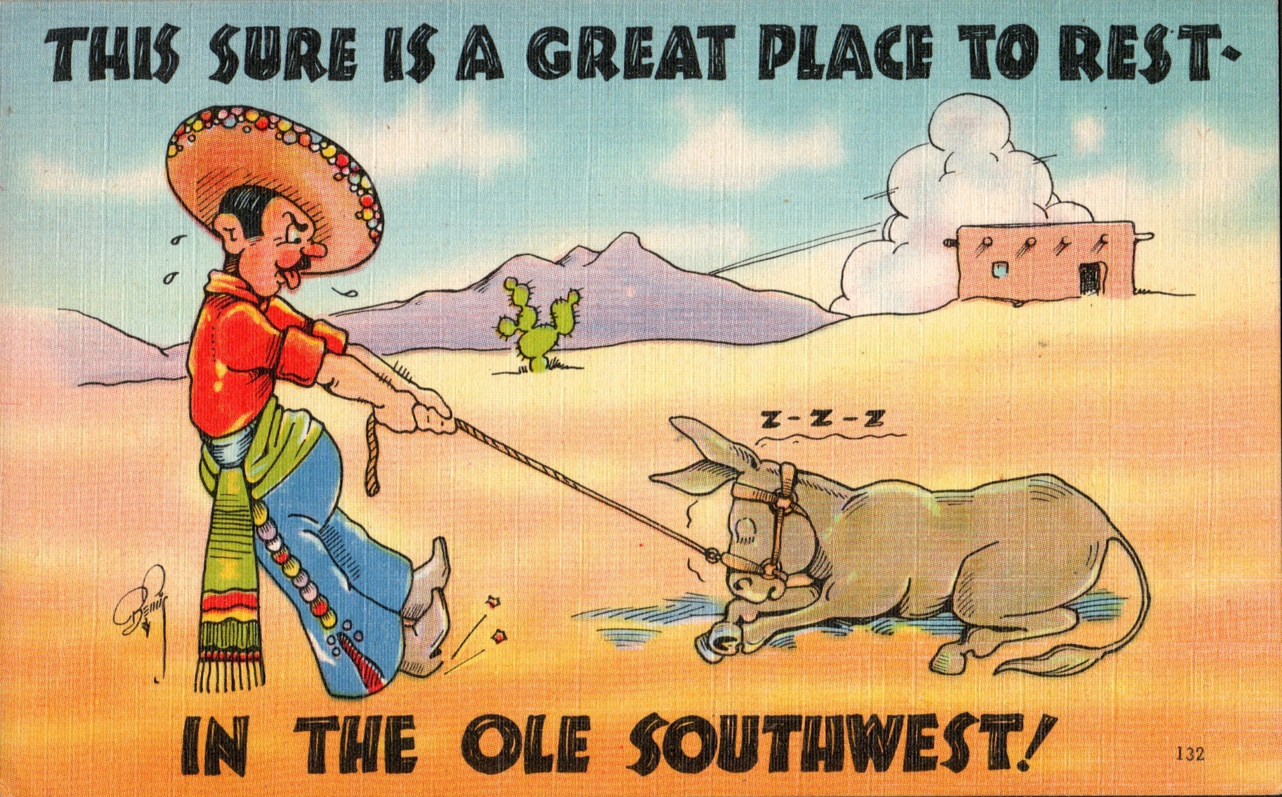 5 Linen Comic Cards, A Western Theme, Vivid Color circa 1940-1960 ...