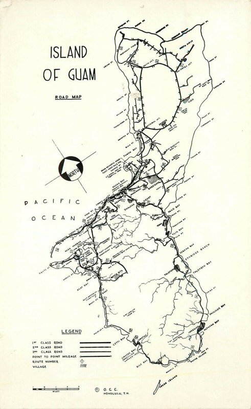 Vintage Postcard; Map of Island of Guam showing Roads & Settlements ...