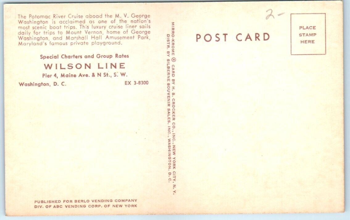Postcard - M. V. George Washington, Wilson Line, The Potomac River ...