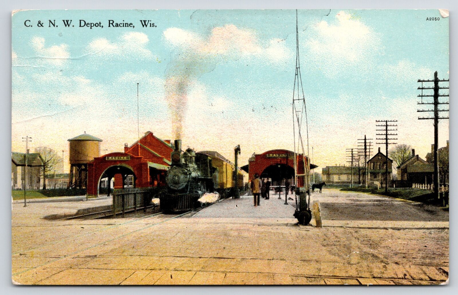 Racine Wisconsin~Train Pulls Through C&NW Railroad Depot~Water Tank ...