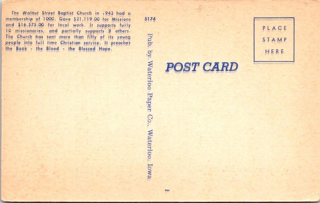 Waterloo IA Iowa WALNUT STREET BAPTIST CHURCH Black Hawk County ca1940s ...