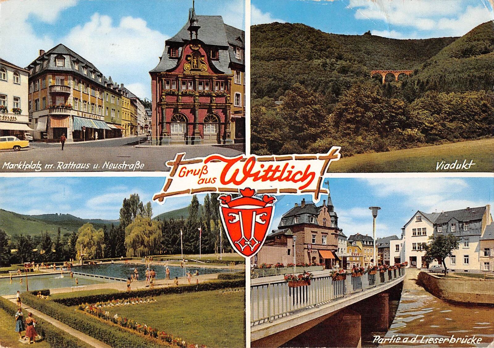GG13669 Gruss aus Wittlich Viadukt, Marktplatz Rathaus Schwimmbad ...
