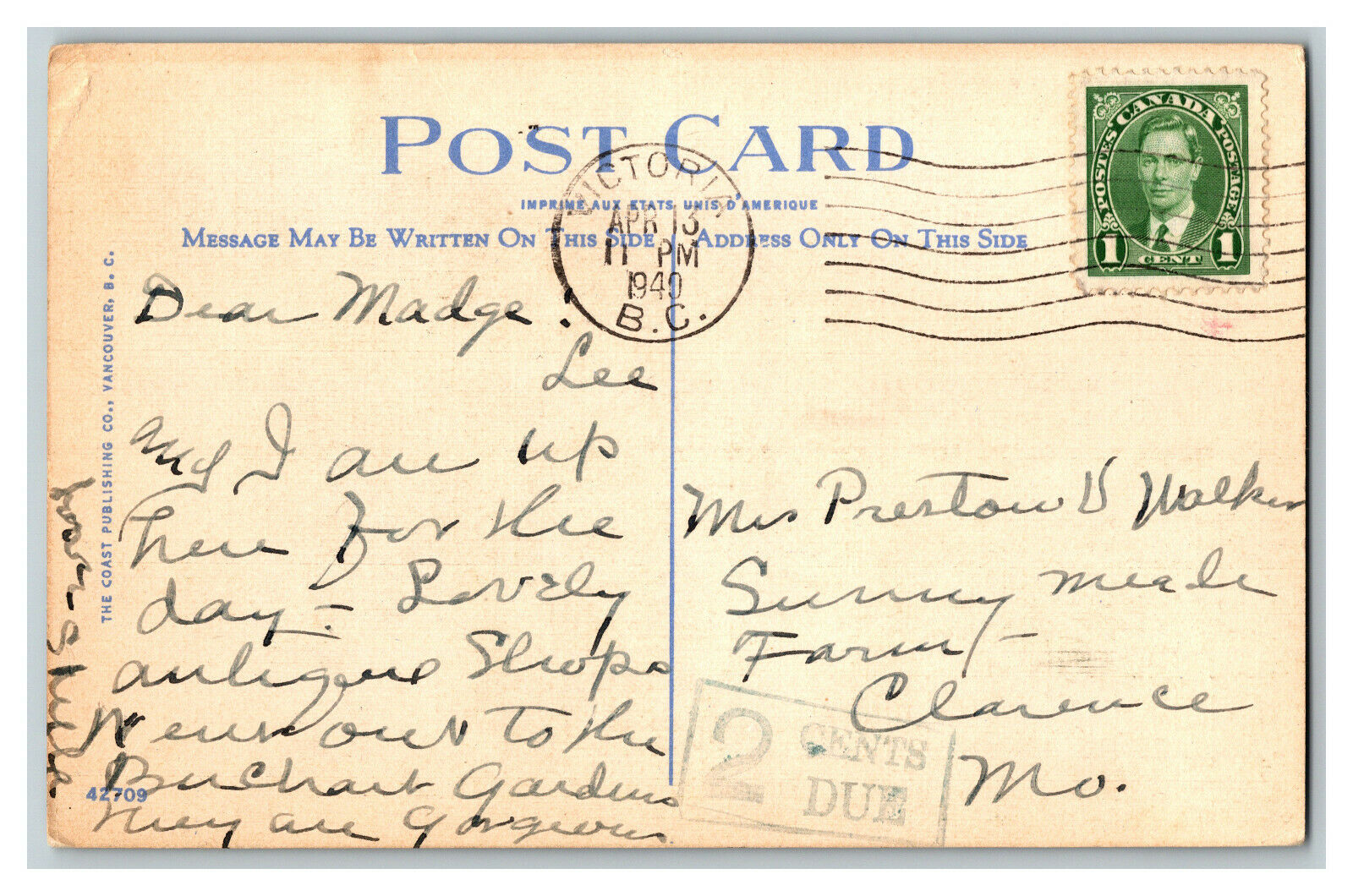 1940 Postcard Butchart's Gardens Victoria B.C. Canada Vintage Standard ...