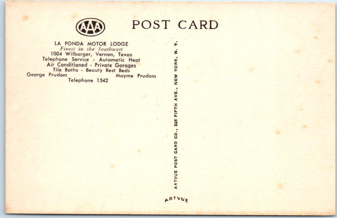 VERNON, Texas TX Roadside LA FONDA MOTOR LODGE ca 1940s-50s Postcard ...