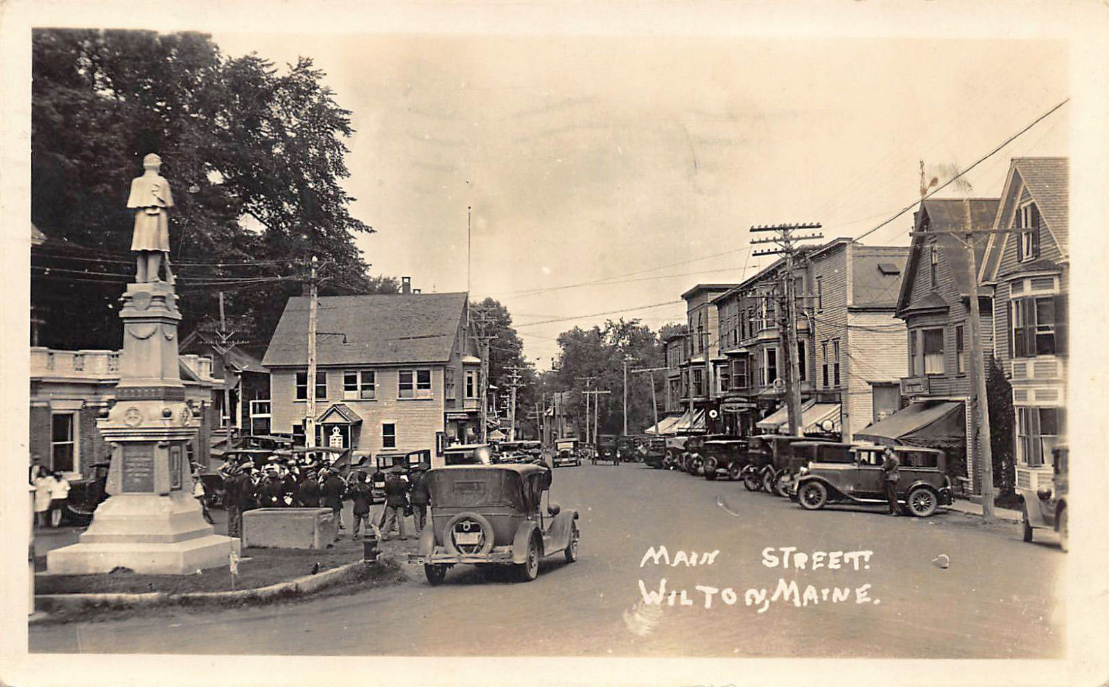 Wilton ME Main Street Soldiers Monument Storefronts Old Cars RPPC ...