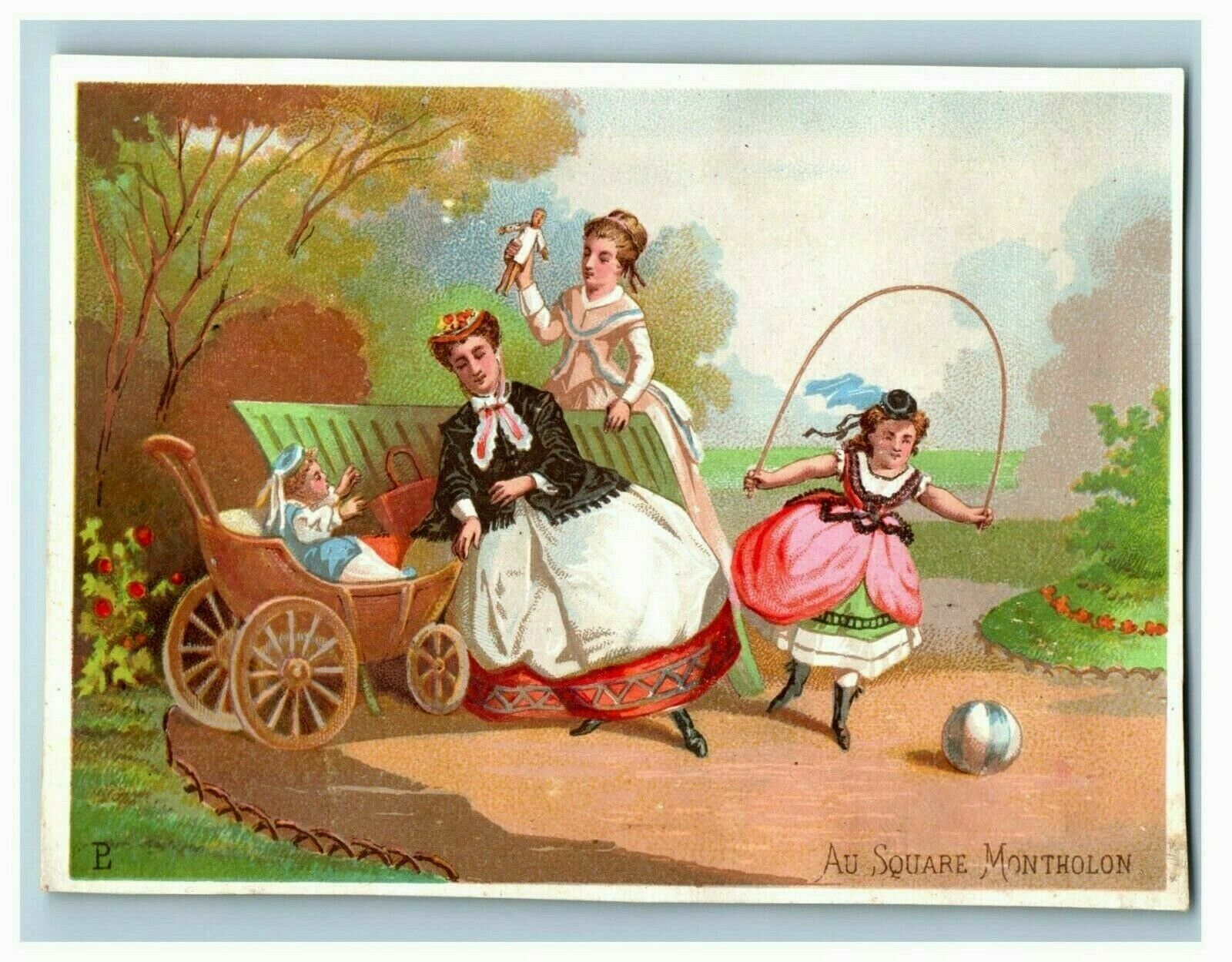 1880s-90s Victorian Card Au Square Montholon Lady Children Doll Jump ...
