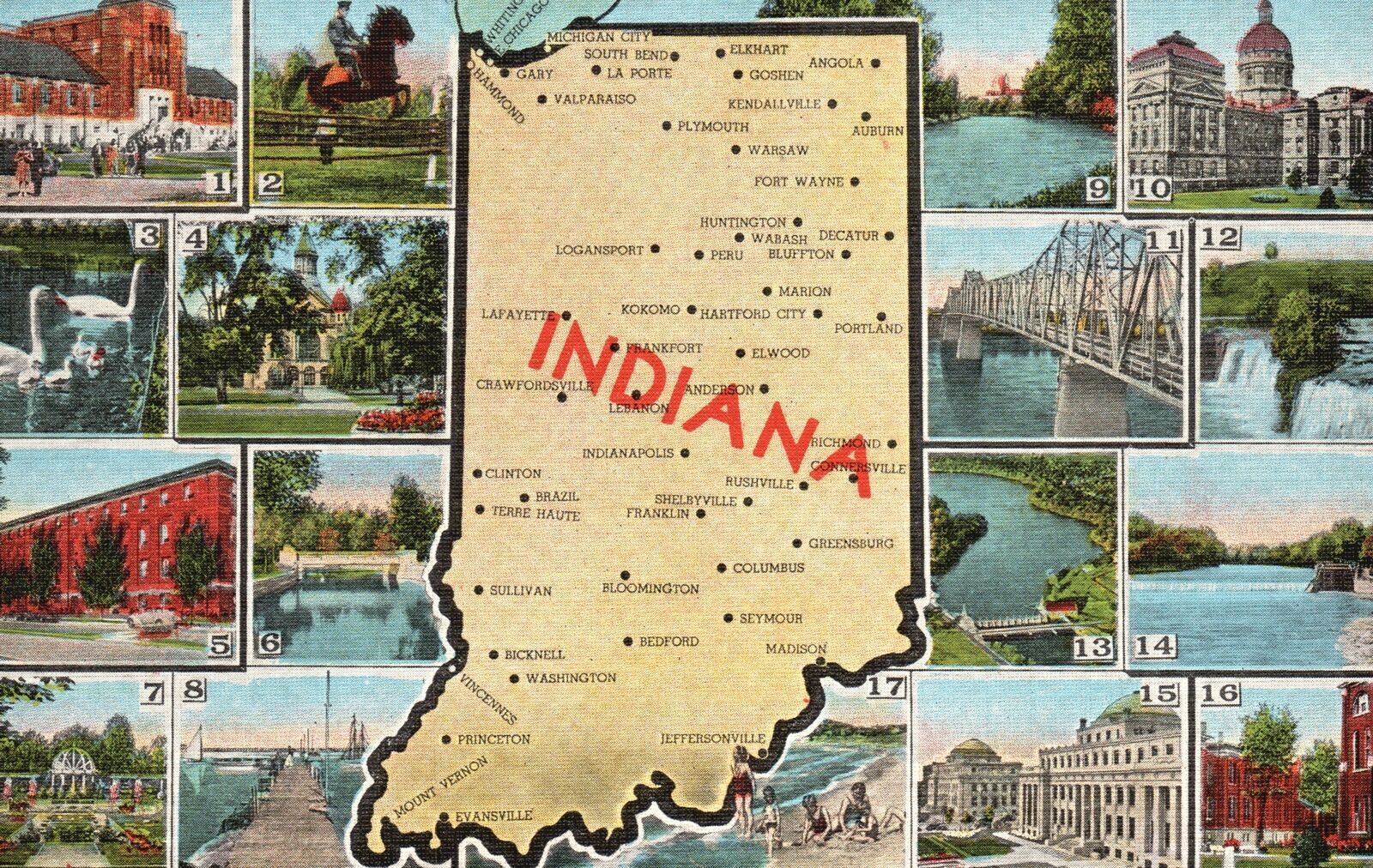 Vintage Postcard Map Of Indiana And Its Historical Landmarks ...