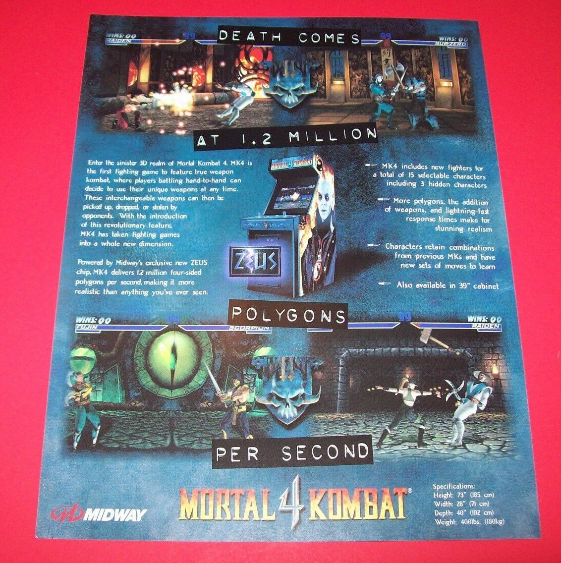Mortal Kombat 4 Arcade FLYER Original 1997 NOS Video Game Art Sheet MK4 ...