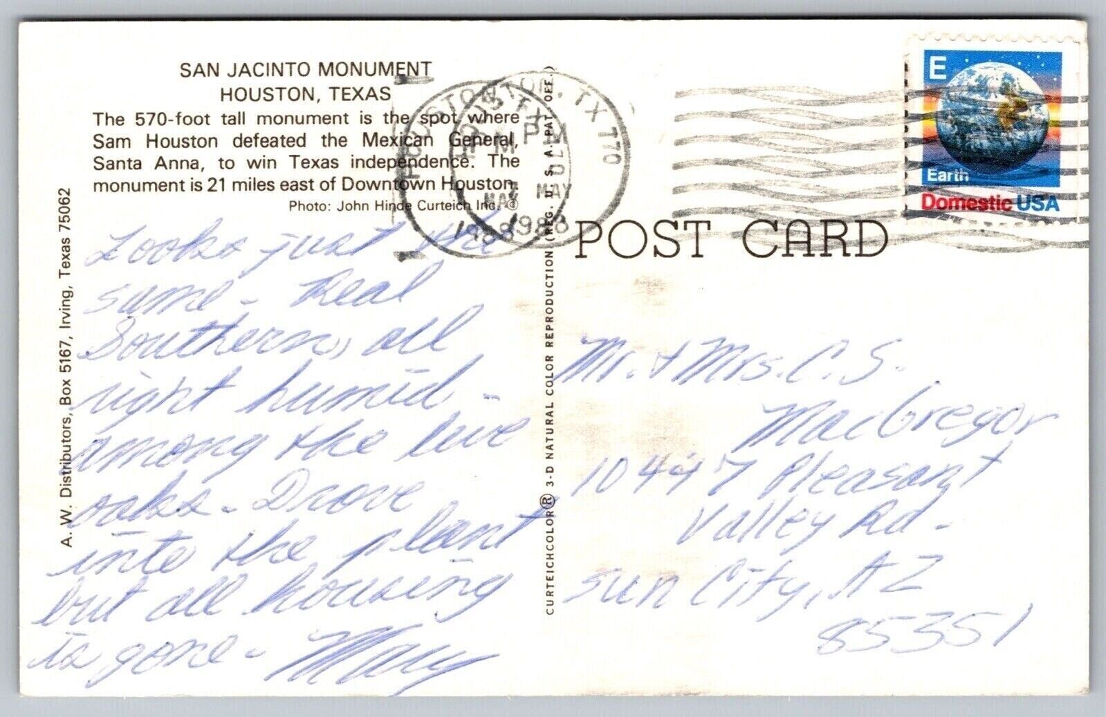 Houston Texas San Jacinto Monument Scenic Landmark Chrome Cancel WOB ...