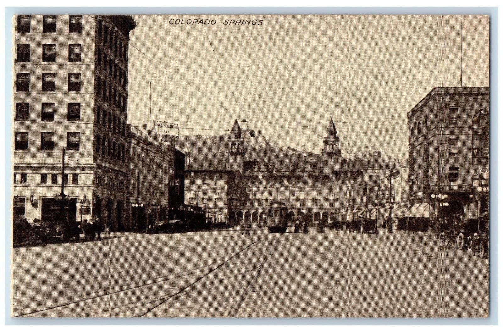 c1910 Colorado Springs Buildings Tower Classic Cars Railroad Trolley CO ...