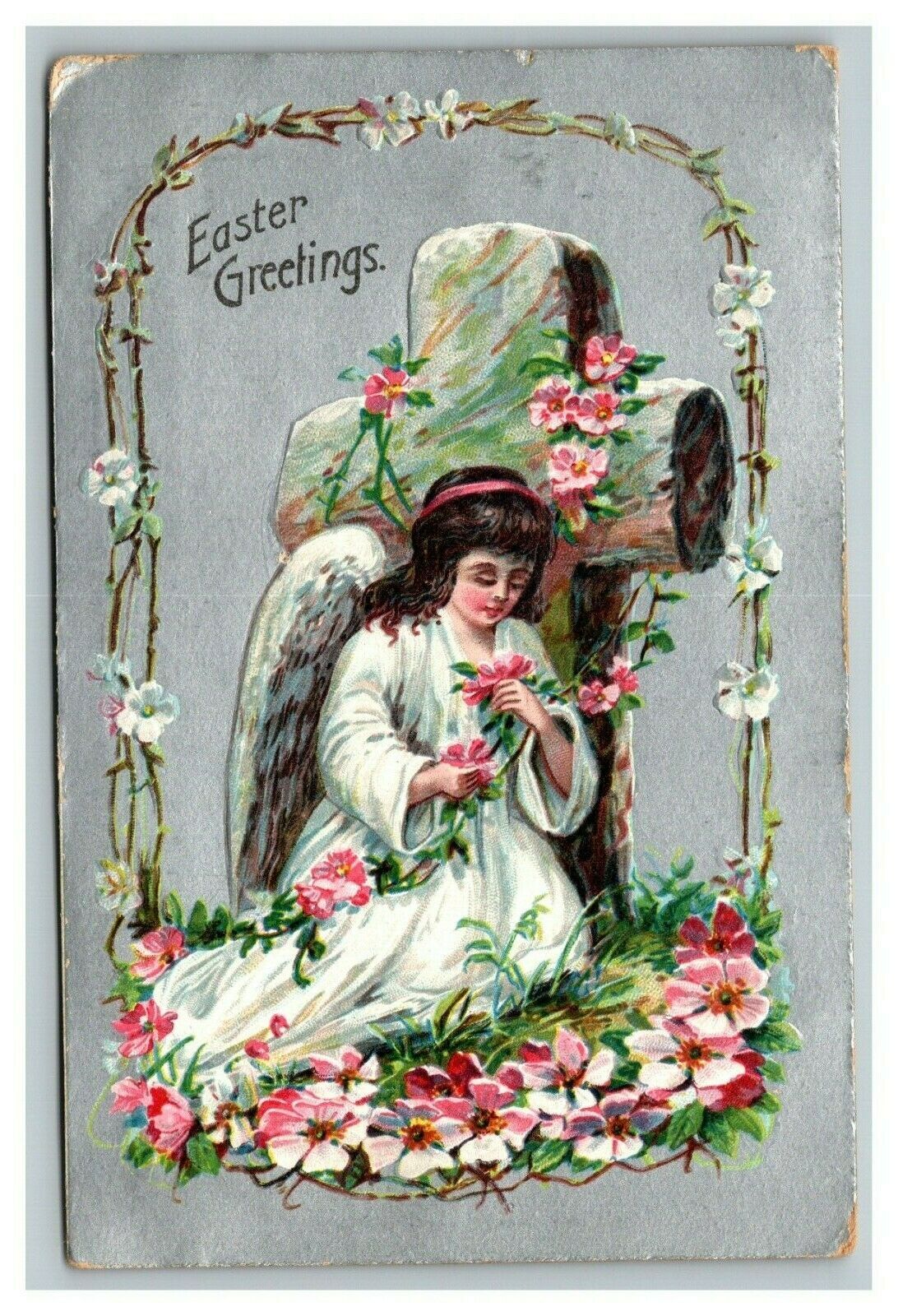 Vintage 1909 Easter Postcard Angel White Robes Prays at Cross Pink ...