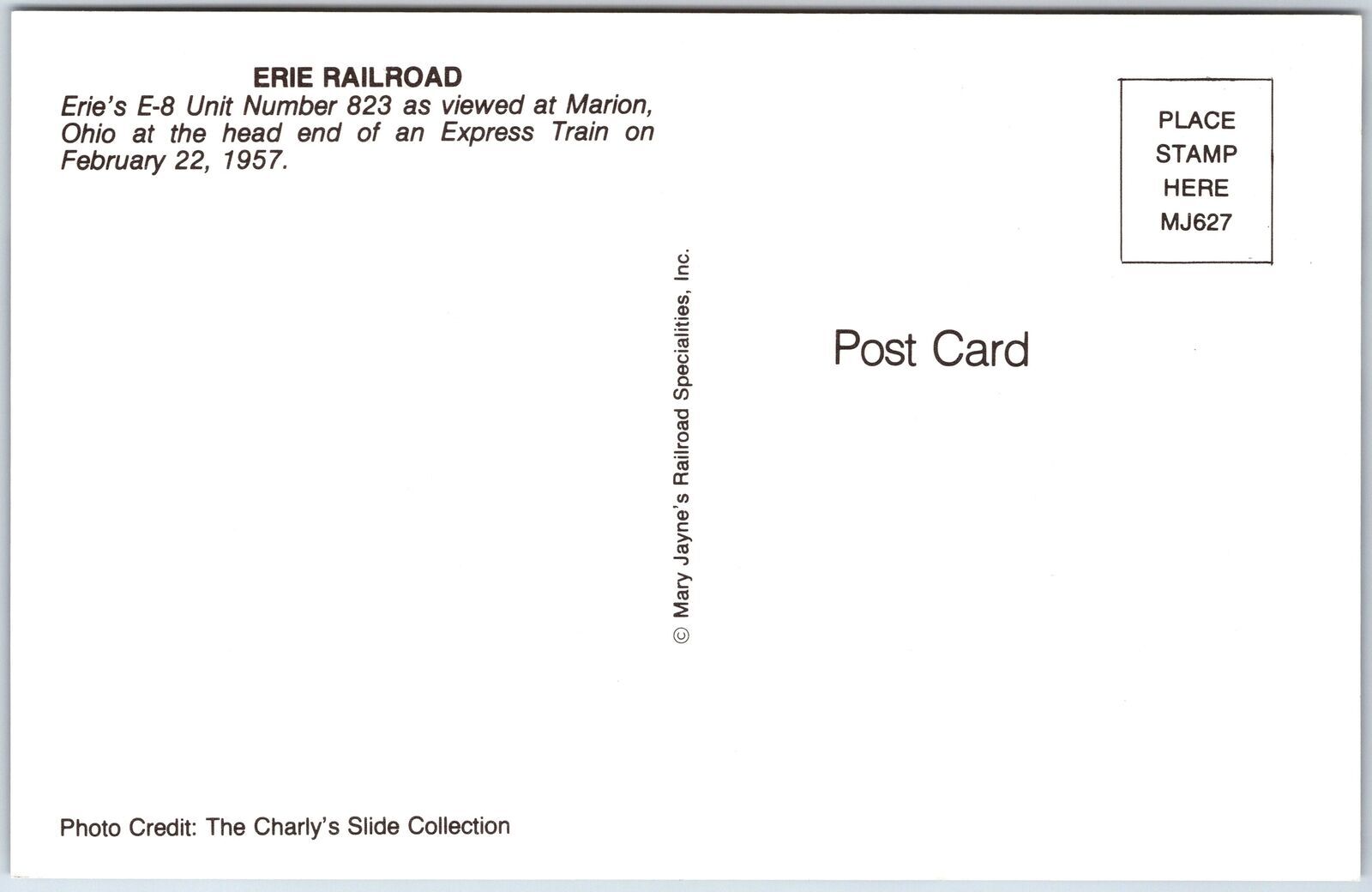 Vintage Postcard Erie Railroad's E-8 Unit Number 823 at Marion Ohio ...