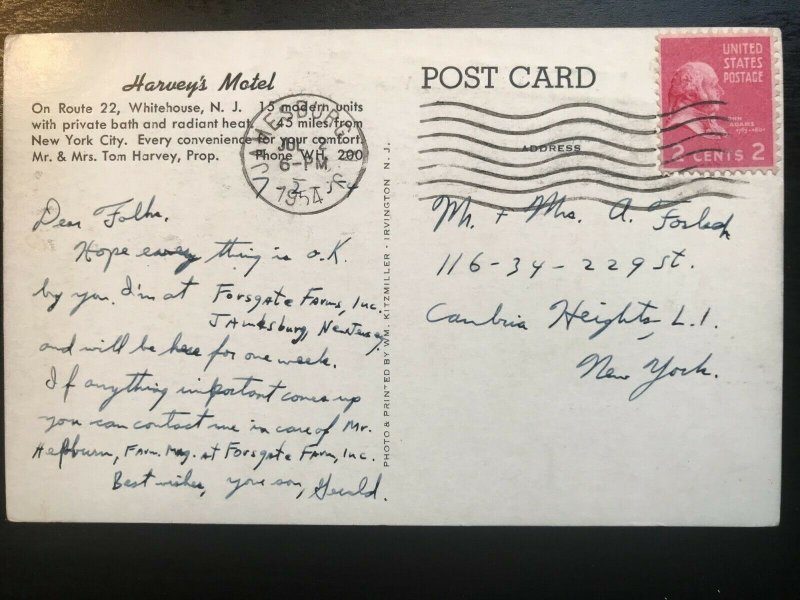 Vintage Postcard 1954 Harvey's Motel Route 22 Whitehouse New Jersey ...