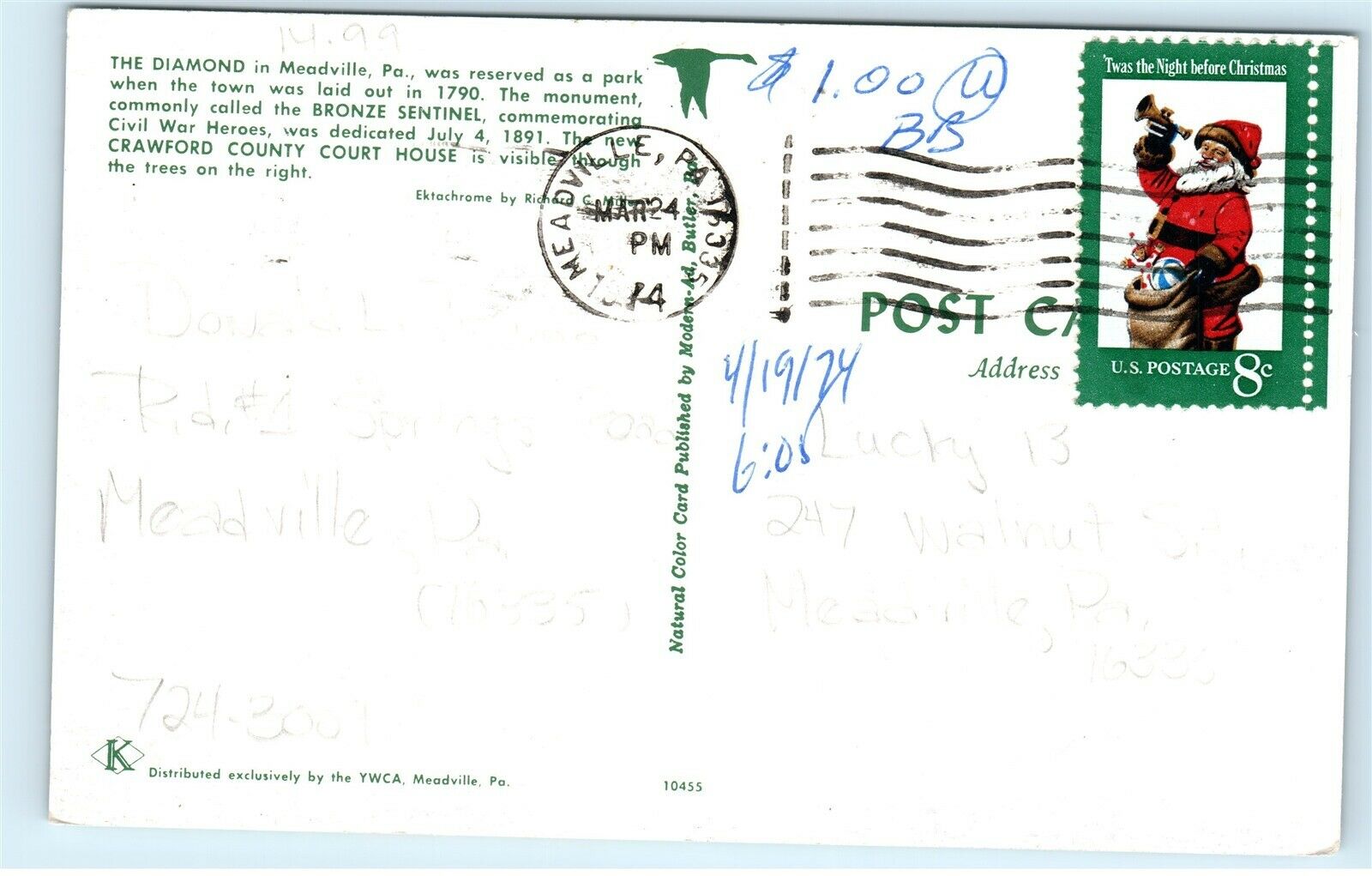 Meadville PA The Diamond Park Civil War Statue Bronze Sentinel Postcard ...