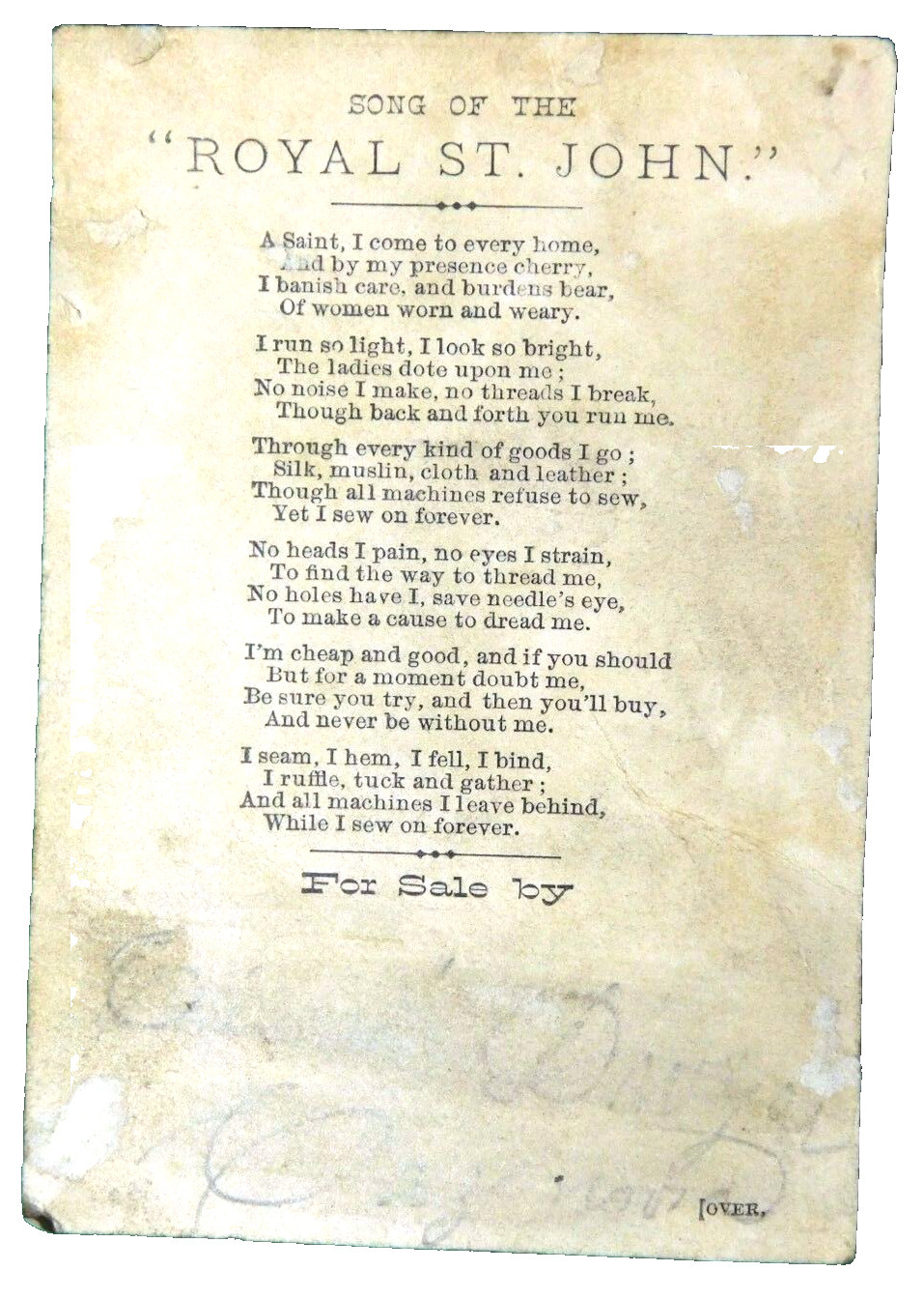 1870s-80s Royal St.John Sewing Machine Song St.John Victorian Trade ...