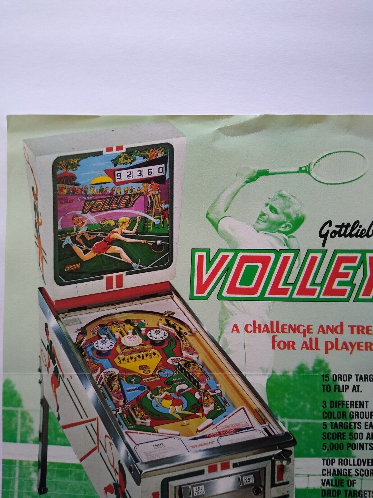 Volley Pinball Flyer 1977 Original Flipper Game Art Tennis Retro 8.5" x ...