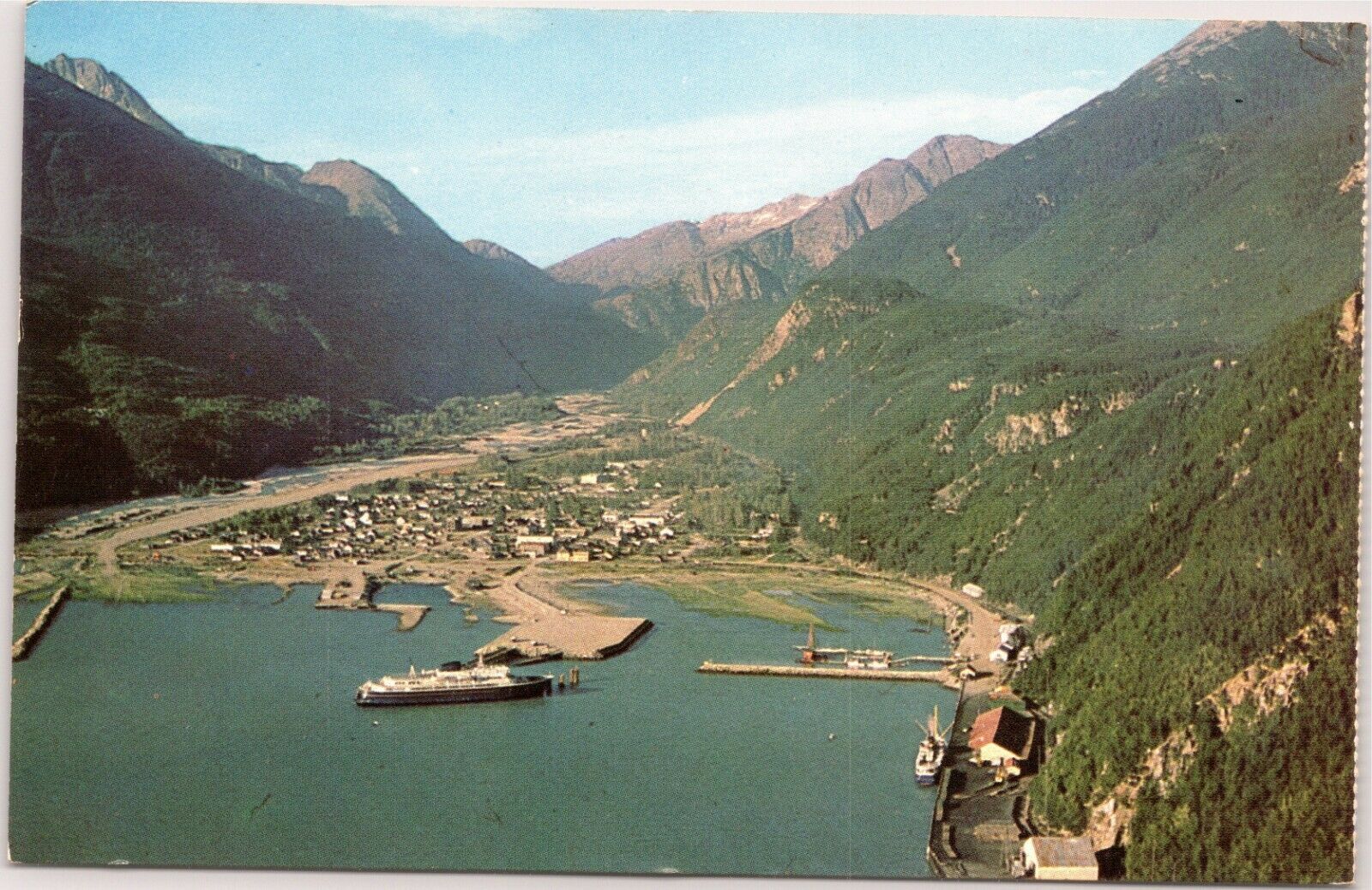 Air View of Skagway Alaska with State Ferry Ship and freighter C.J ...