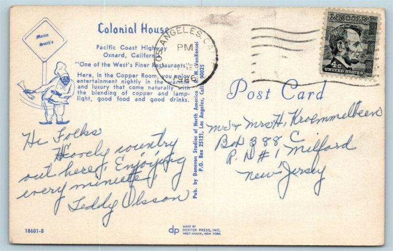 Postcard CA Oxnard California Colonial House Dining Room & Bar c1950s ...