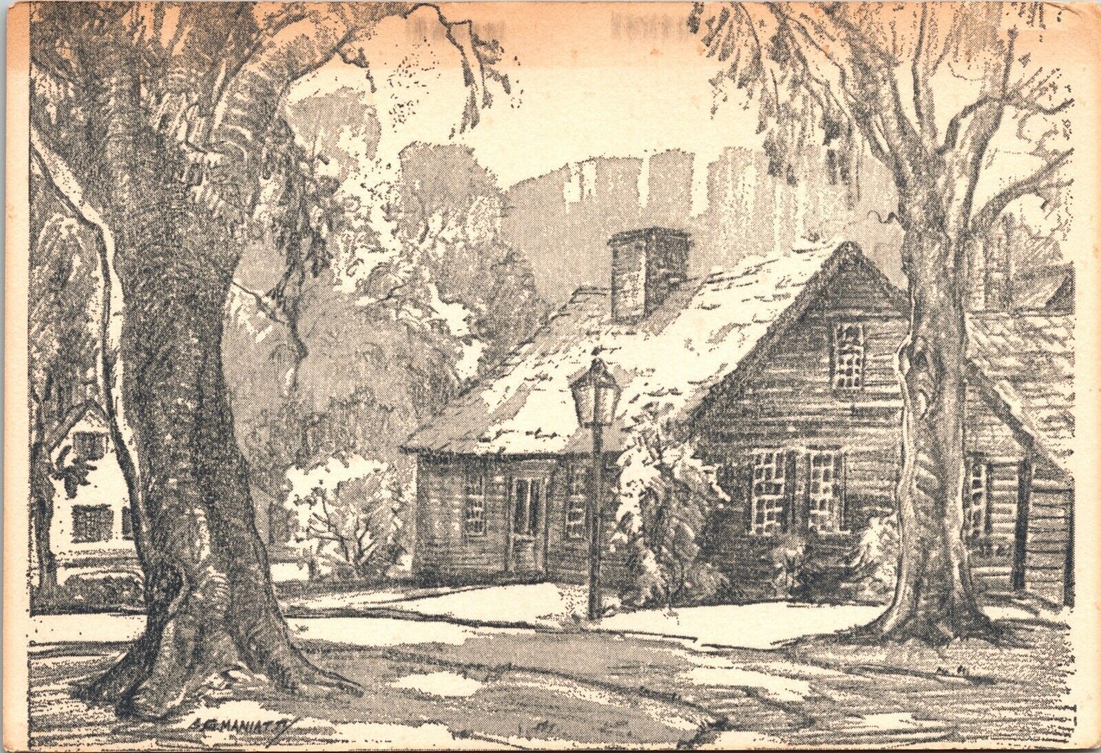 Historic Little Brown House Drawing Deerfield Massachusetts BW Postcard ...