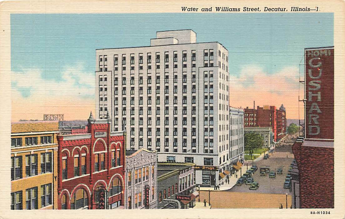 C1930s Birds Eye View Water and Williams Street Old Car Cushard Decatur ...