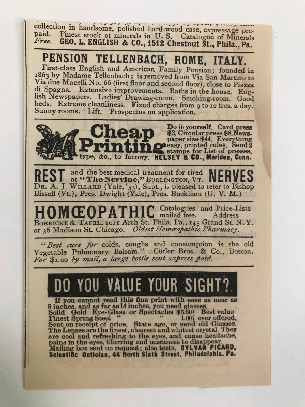 1889 Pension Tellenbach Rome Italy Victorian Print Ads Original 2T1-68 ...