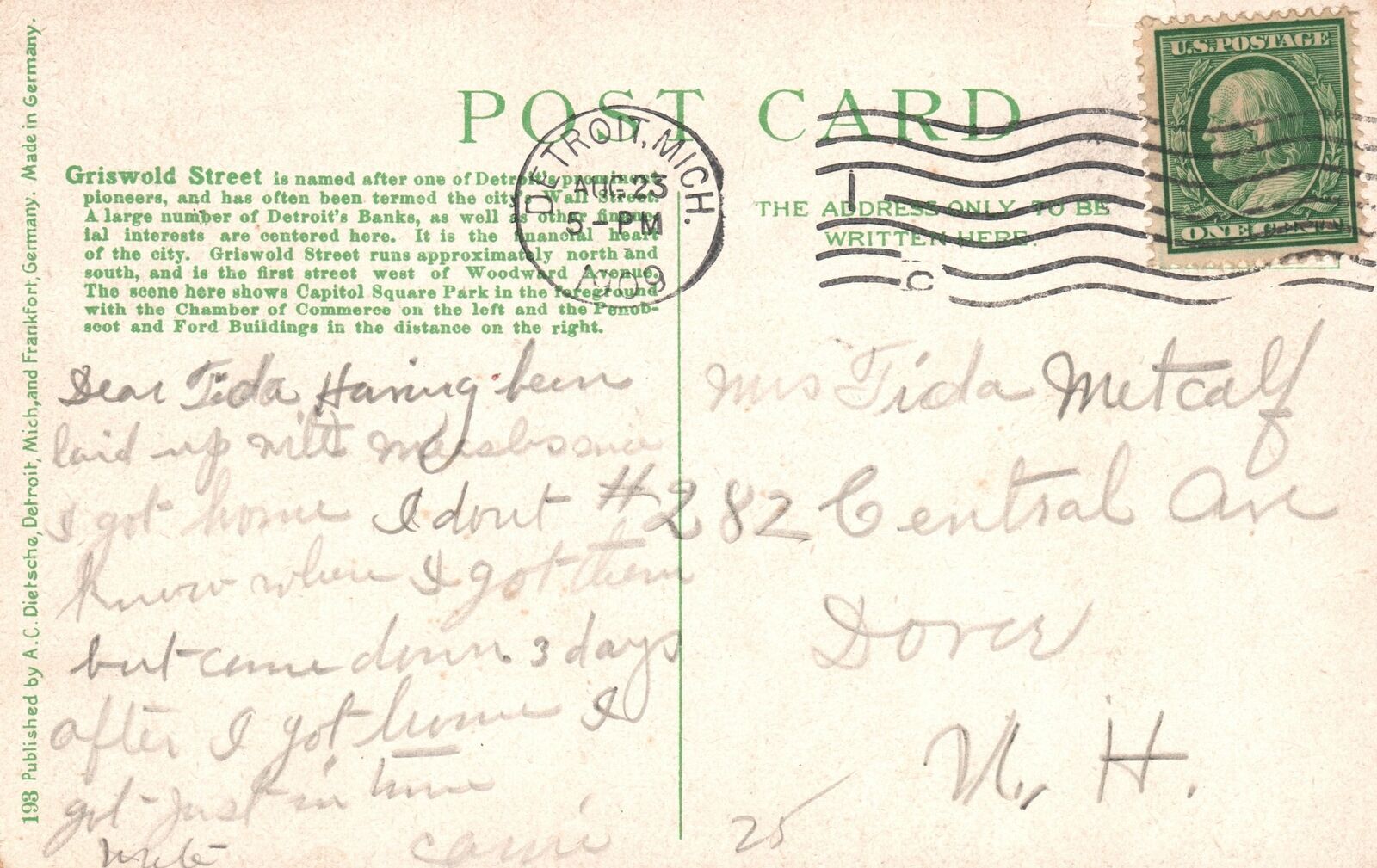 Vintage Postcard 1909 Griswold Street Looking South Financial Center ...