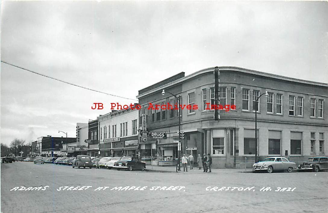 IA, Creston, Iowa, RPPC, Adams Street, Business Section, 50s Cars, Cook ...