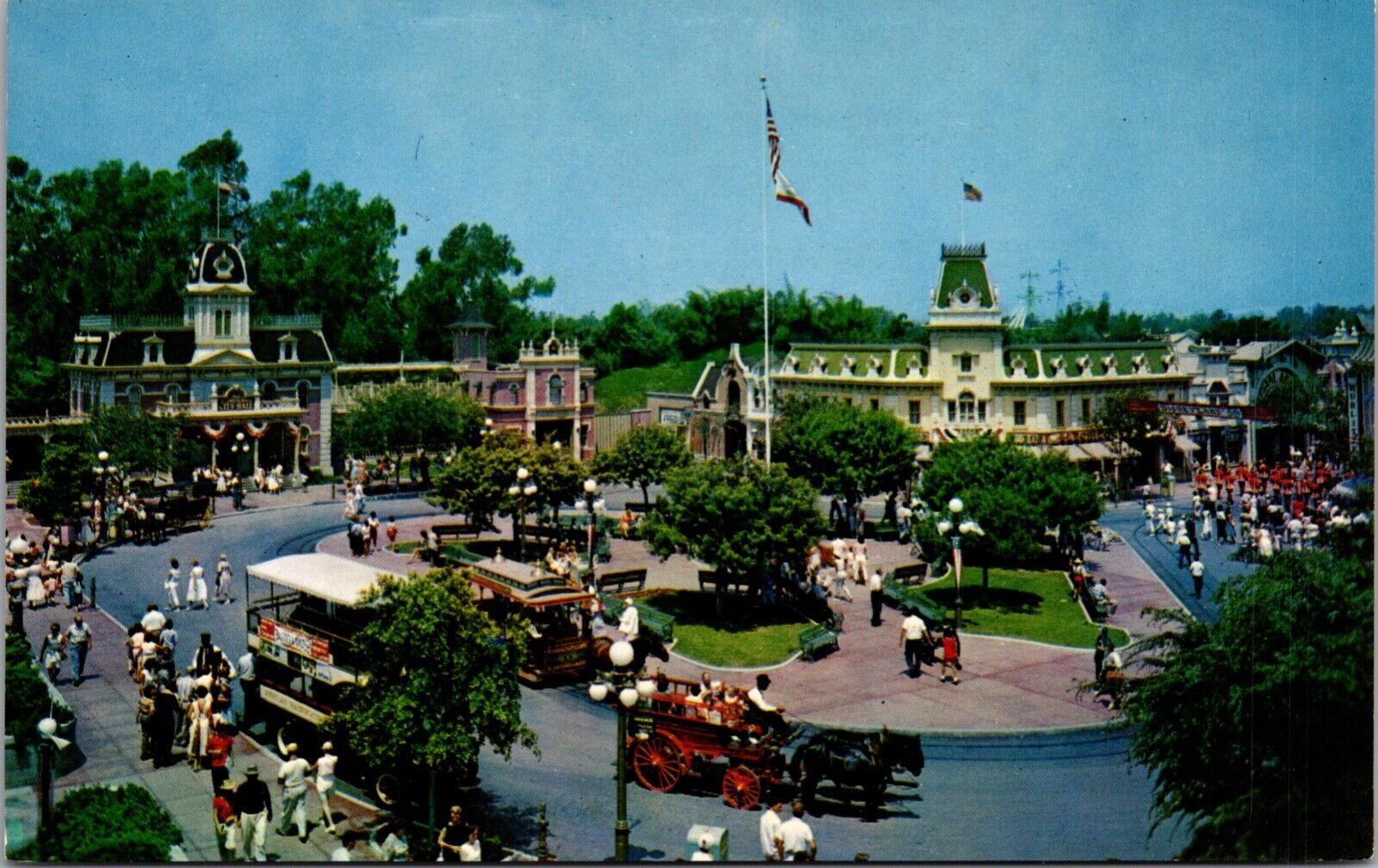 Disneyland Postcard Town Square and Main Street, Bus, Trolley Horse ...