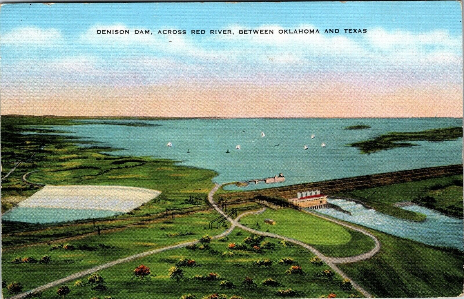 Aerial View Denison Dam Red River Oklahoma Texas 1941 Postcard Cabinet ...