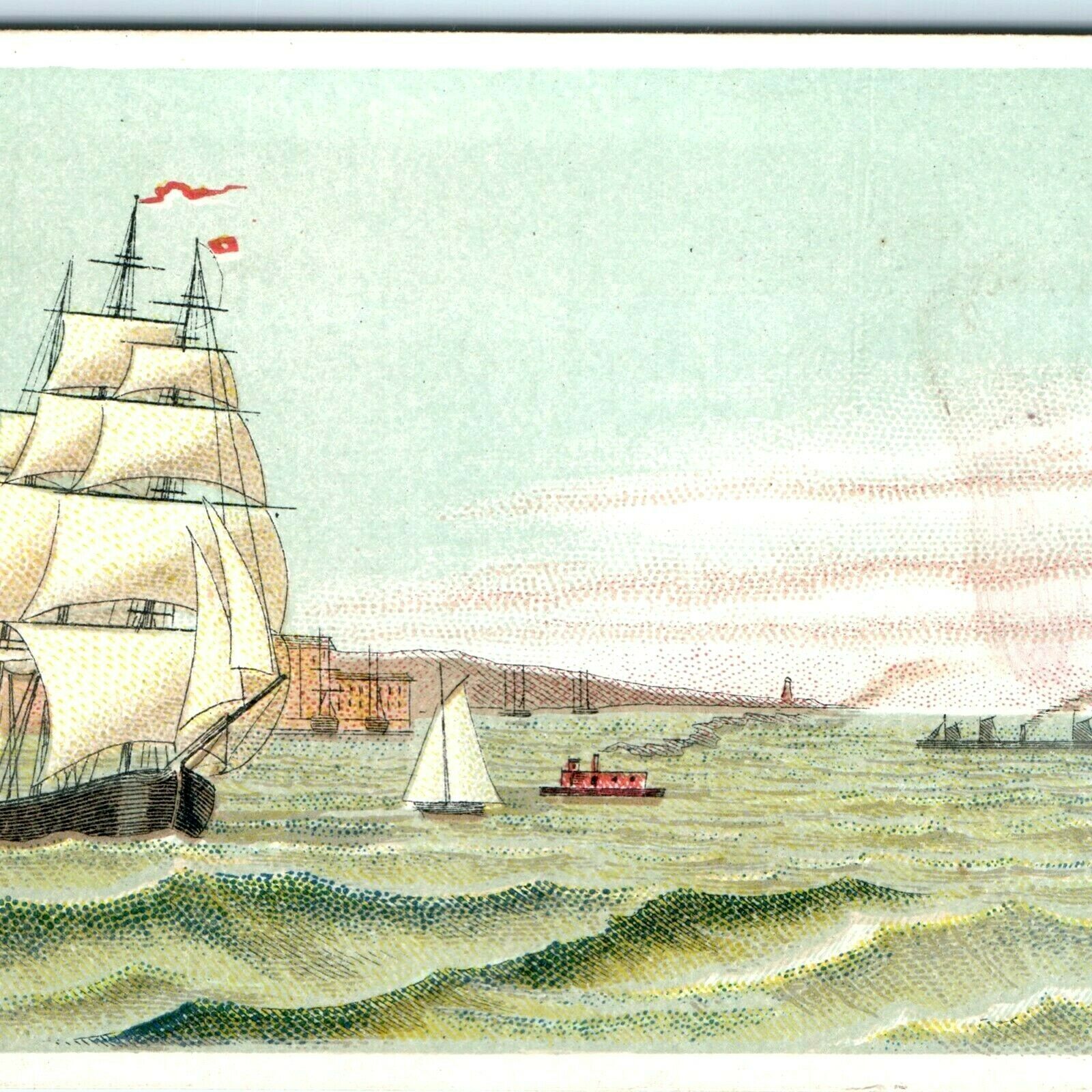 c1880s Barque Sail Boat Vessel Mast & Small Steamboats Trade Card Ship ...