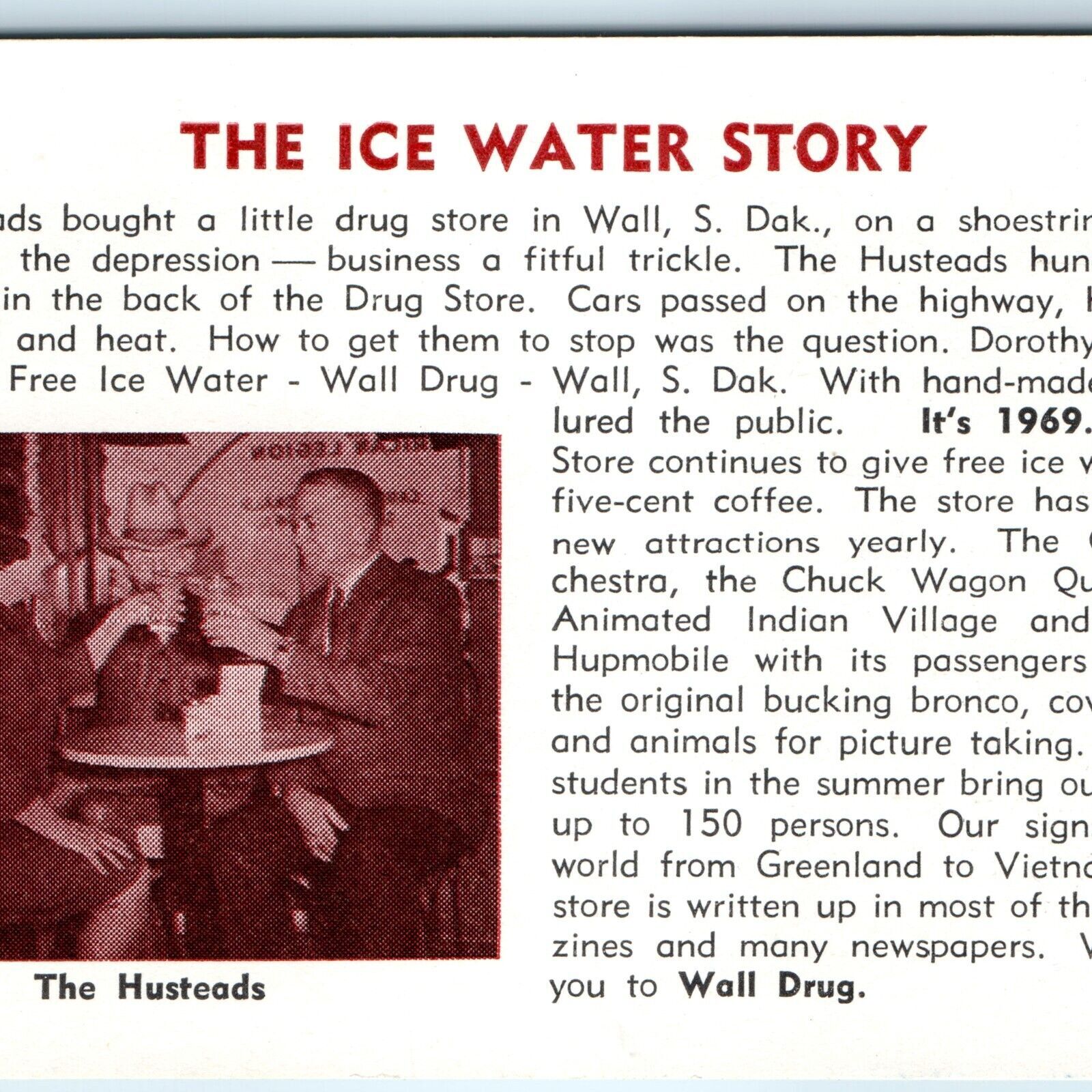 1969 Wall, SD Ice Water Story Hustead Wall Drug Store History Card ...