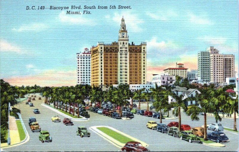 Miami Florida Postcard 1940s Biscayne Blvd Street View South from 5th ...