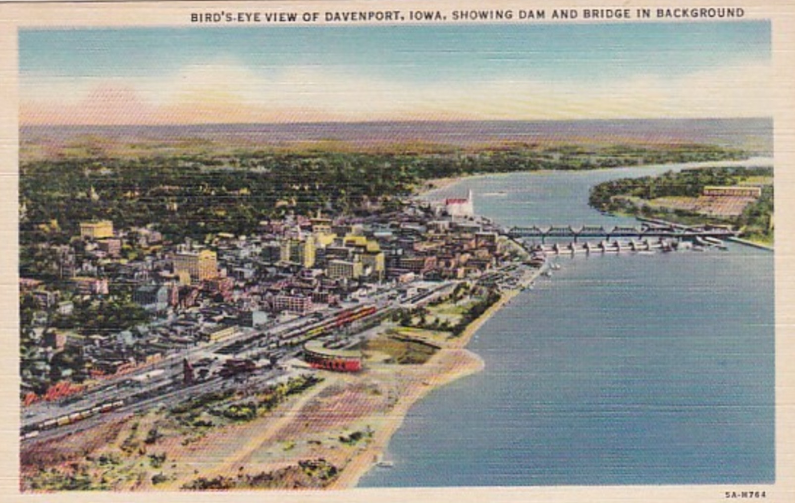 Iowa Davenport Birds Eye View Showing Dam and Bridge Curteich | United ...