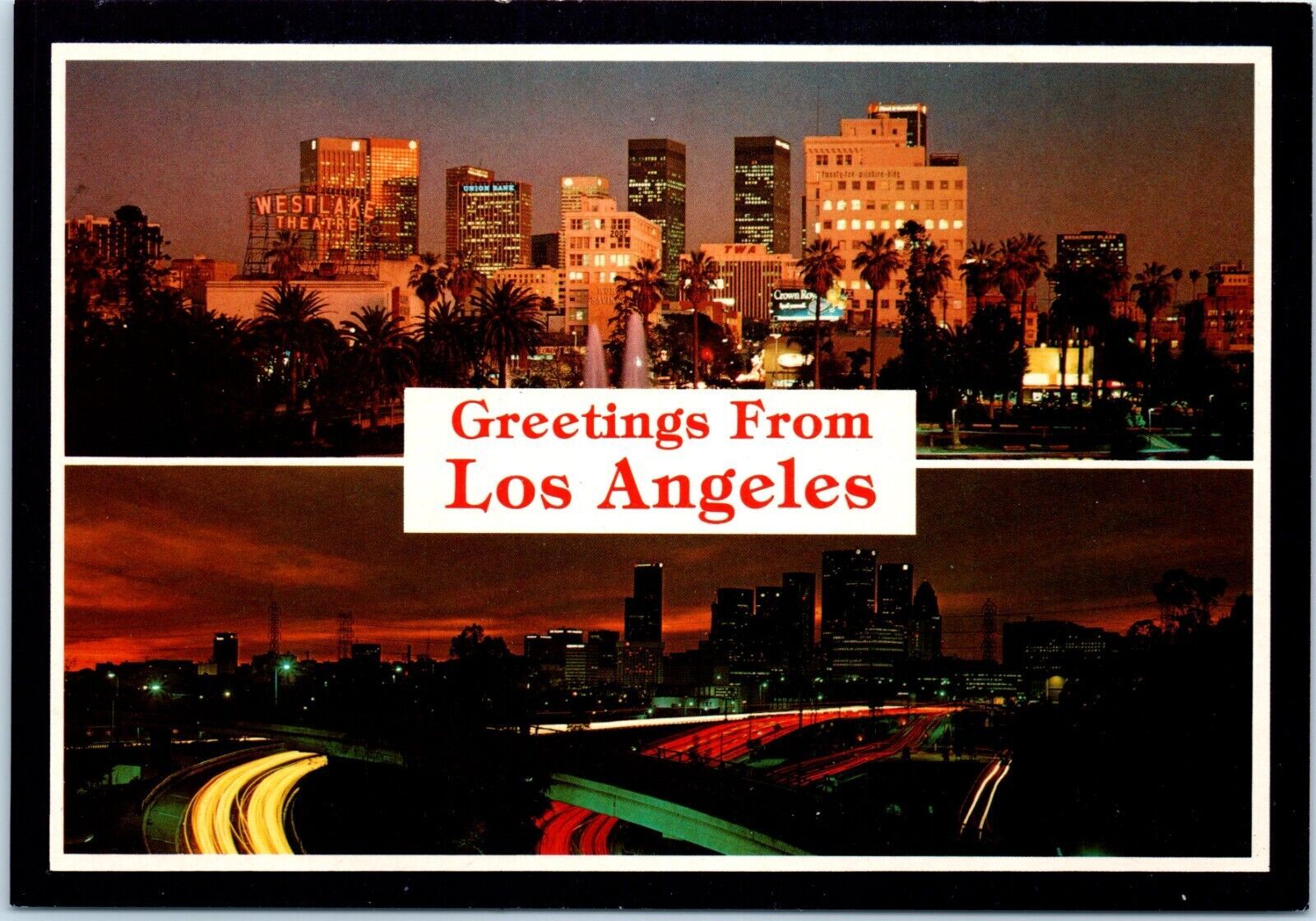 Vintage Postcard Greetings From Los Angeles LA Skyline Night lights ...