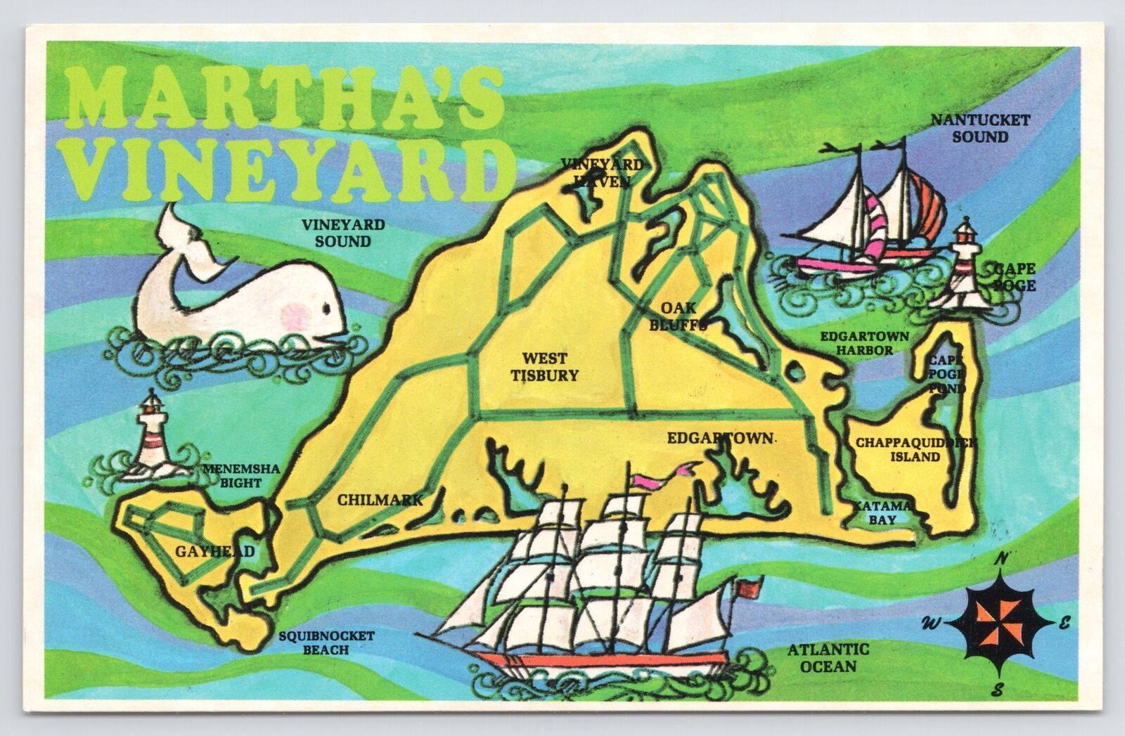 Map Of Martha's Vineyard Resort Island MA~Chappaquiddick Island~Vintage ...