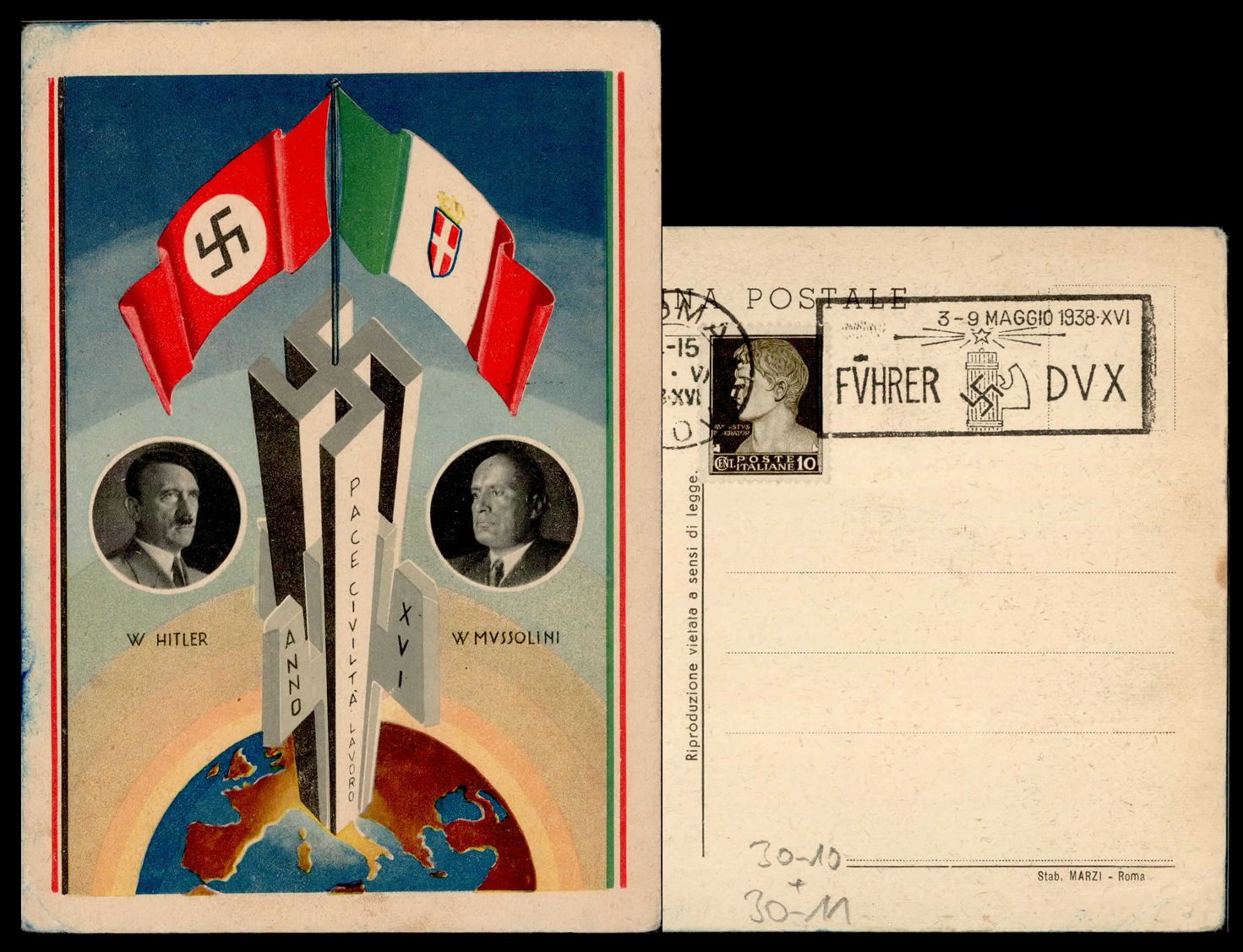 German Third 3rd Reich Original Card Hitler Mussolini Axis Meeting Rome ...