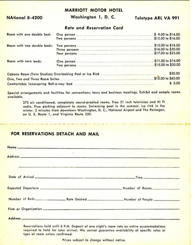 Marriott Hotel Rate & Reservation Card/Postcard, Washington, DC, 1960's ...