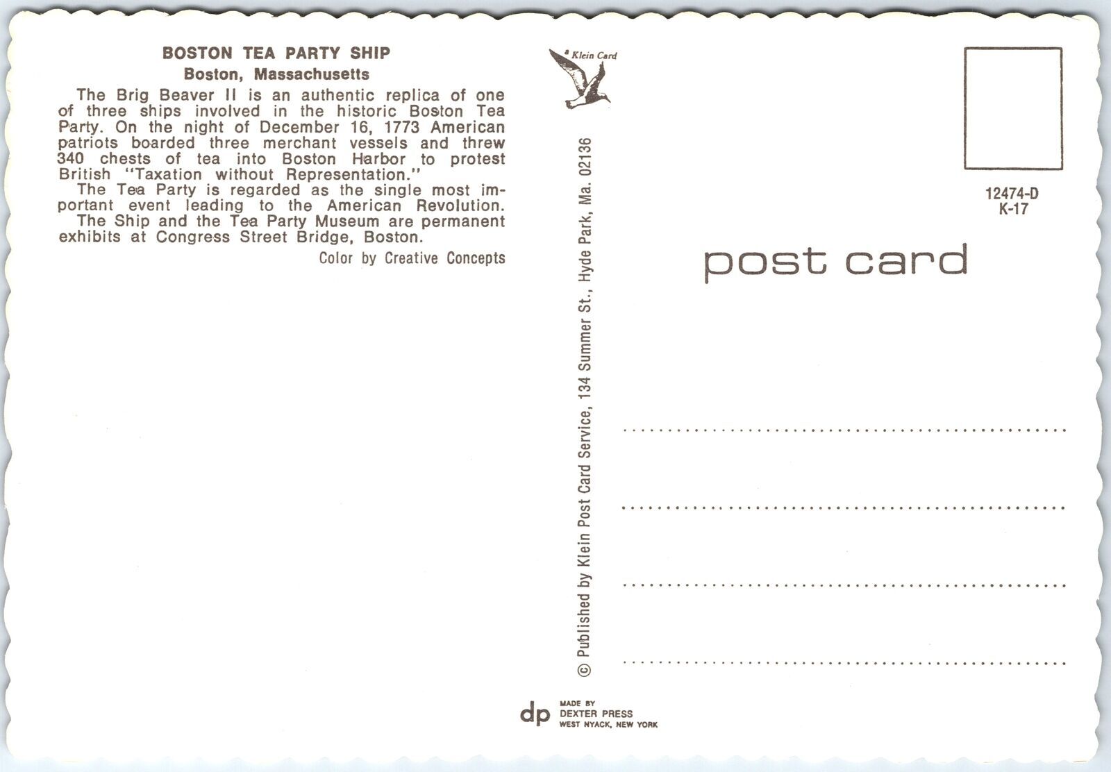 Vintage Postcard Continental Size Brig Beaver II the Boston TEA Party ...