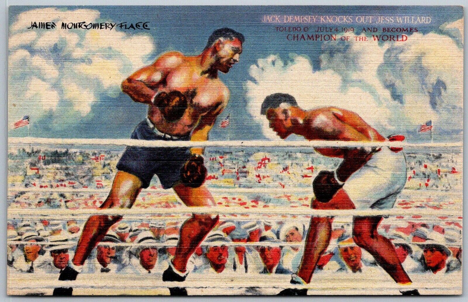 New York City NY 1940s Postcard Jack Dempsey BOXER Boxing Jess Willard ...