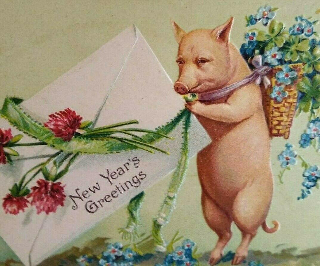New Year Postcard Humanized Pig Standing With Letter And Basket Germany ...