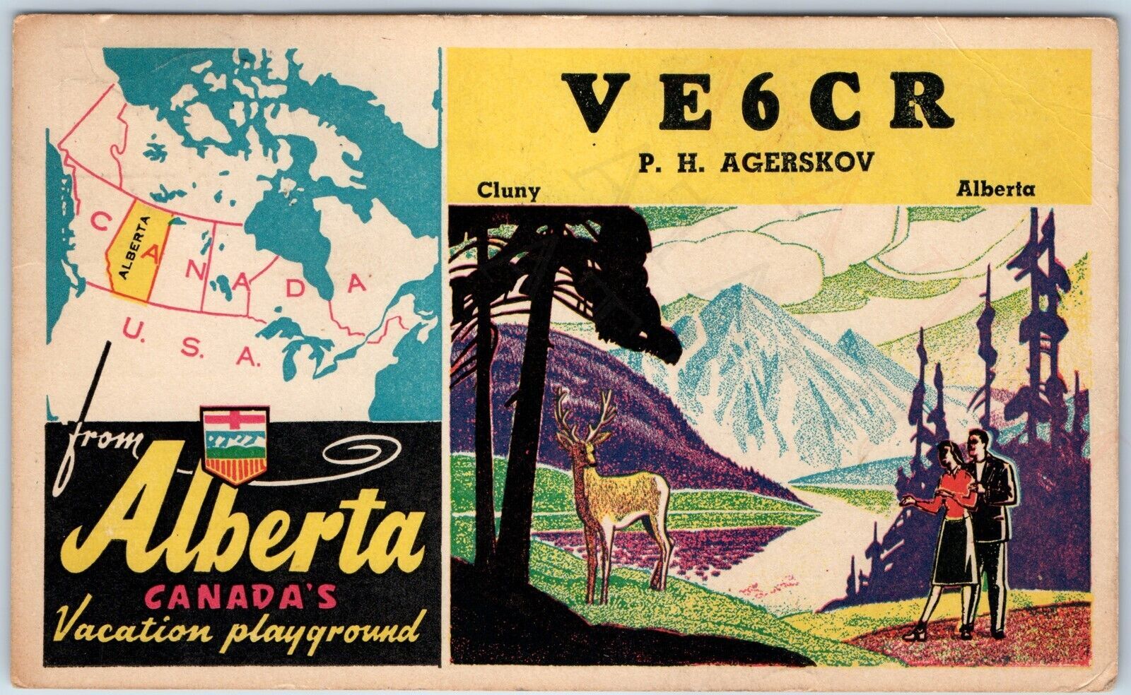 c1950s Cluny, Alberta Mountain Deer Art QSL Radio Card Agerskov Canada ...