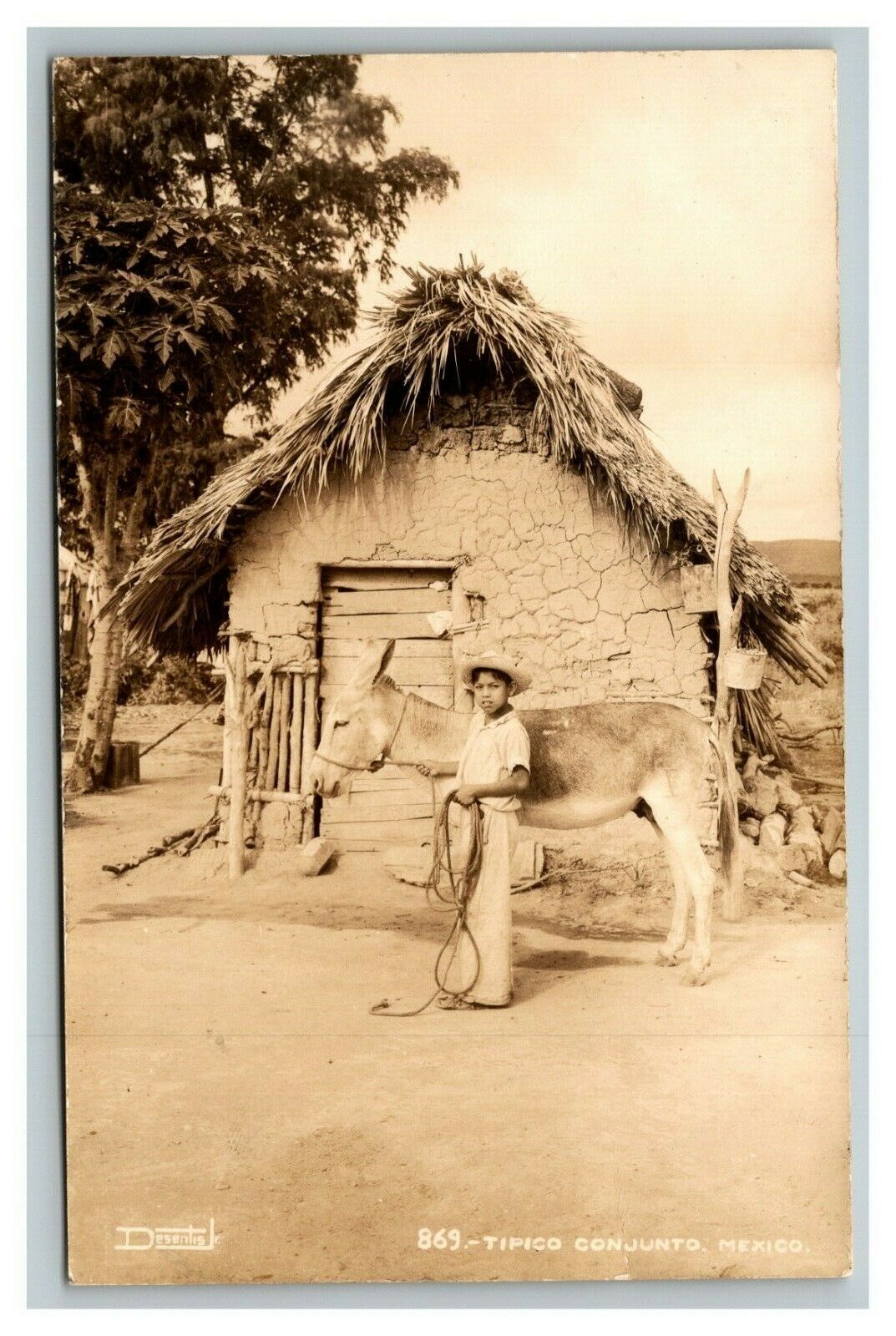 Vintage 1930's RPPC Postcard Boy with a Donkey Adobe Hut Small Town ...